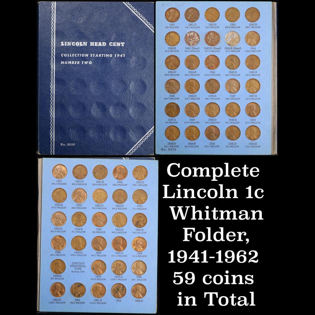 Complete Lincoln 1c Whitman Folder, 1941 1962 59 Coins In Total
