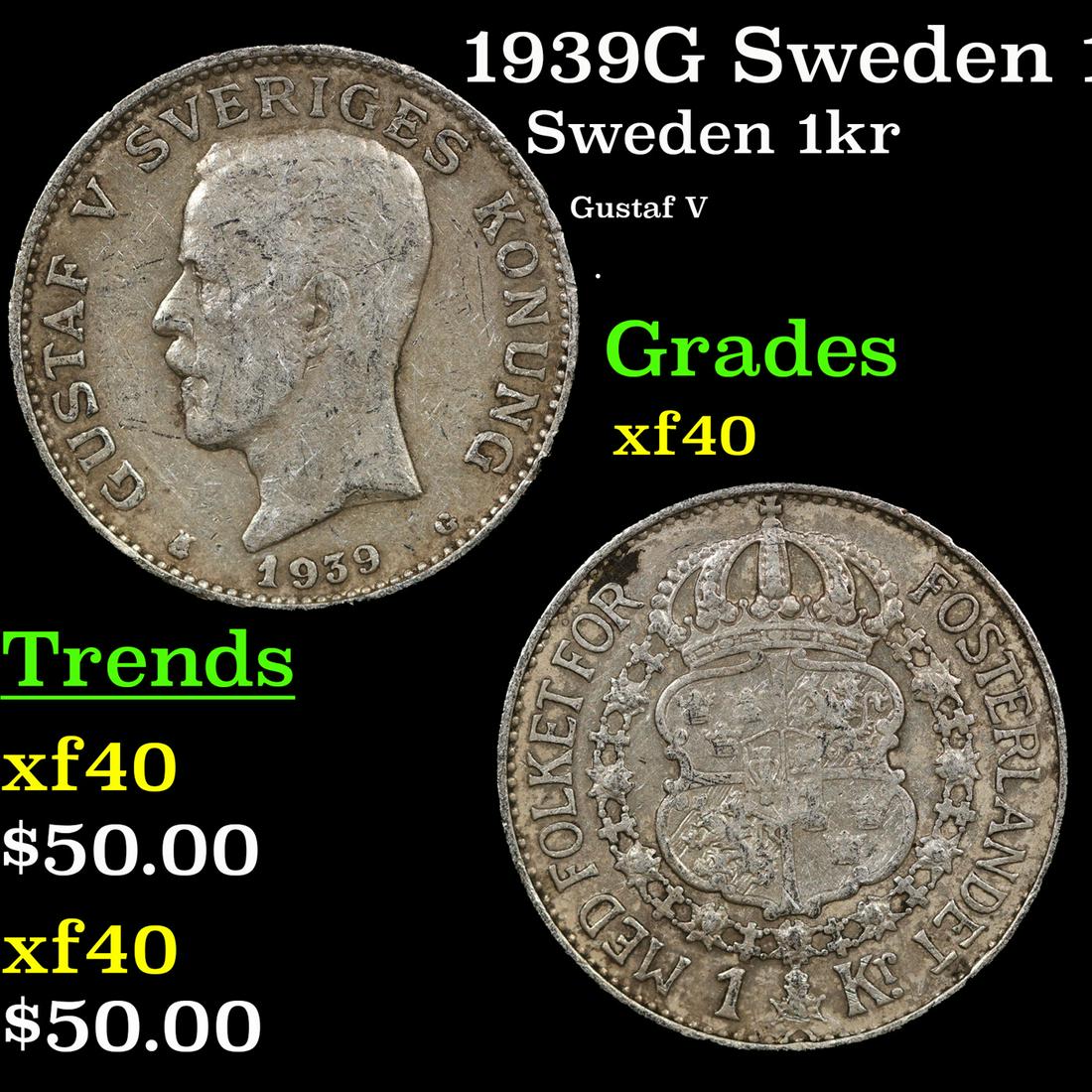 1939g Sweden 1 Krona Silver Km# 786.2 Grades Xf