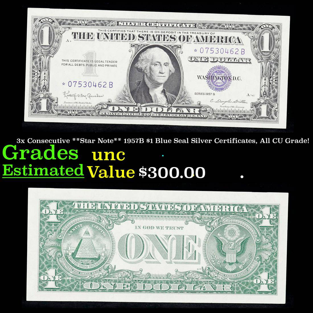 3x Consecutive **Star Note** 1957B $1 Blue Seal Silver Certificates ...