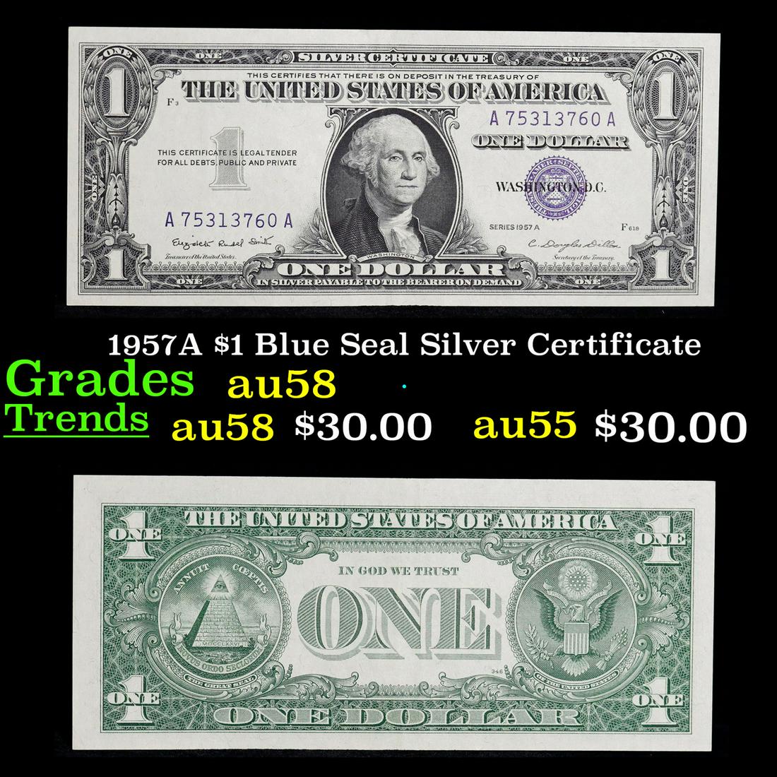 1957a $1 Blue Seal Silver Certificate Grades Choice Au/bu Slider