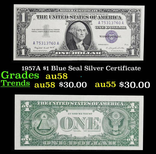 1957a $1 Blue Seal Silver Certificate Grades Choice Au/bu Slider