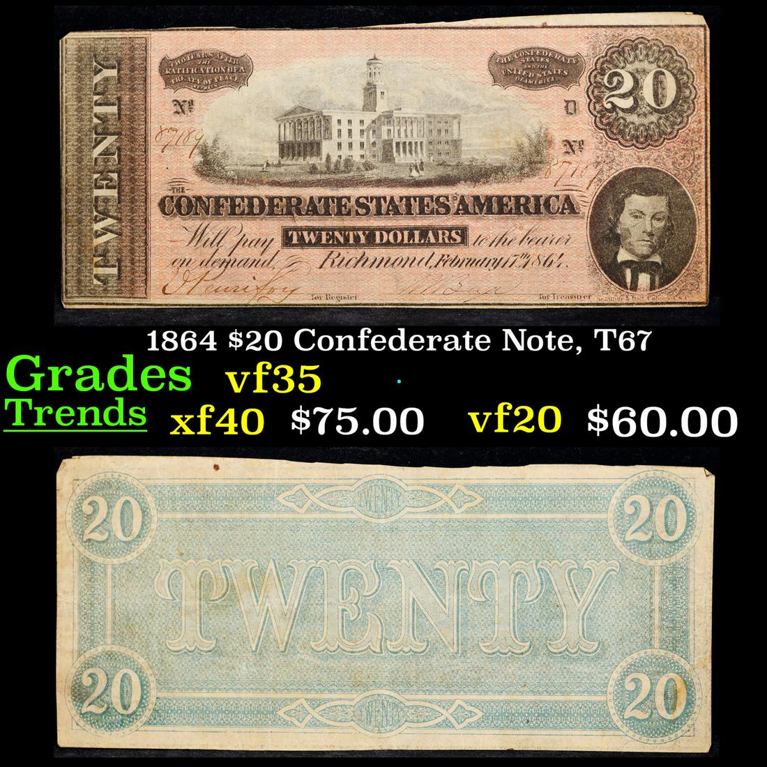 1864 $20 Confederate Note, T67 Grades Vf++