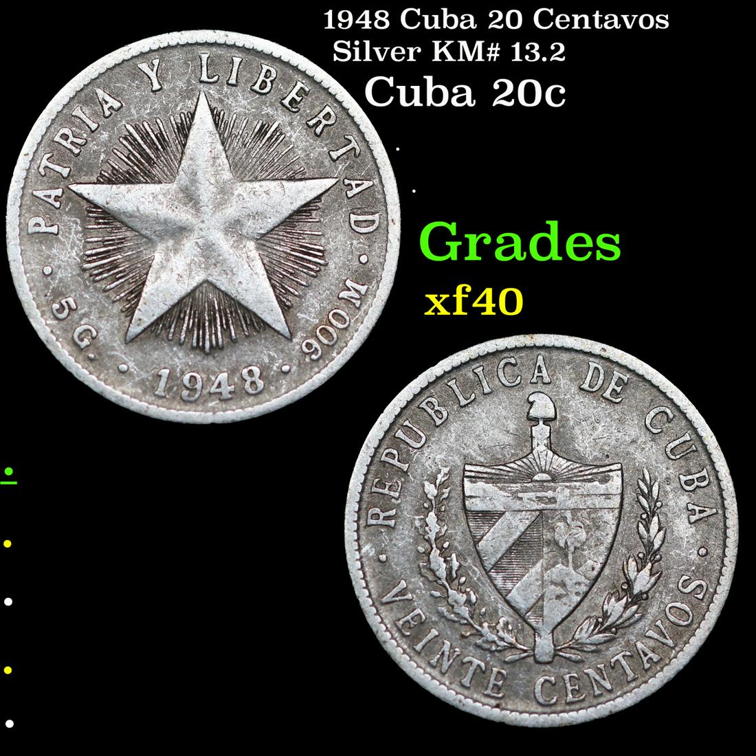 1948 Cuba 20 Centavos Silver Km# 13.2 Grades Xf