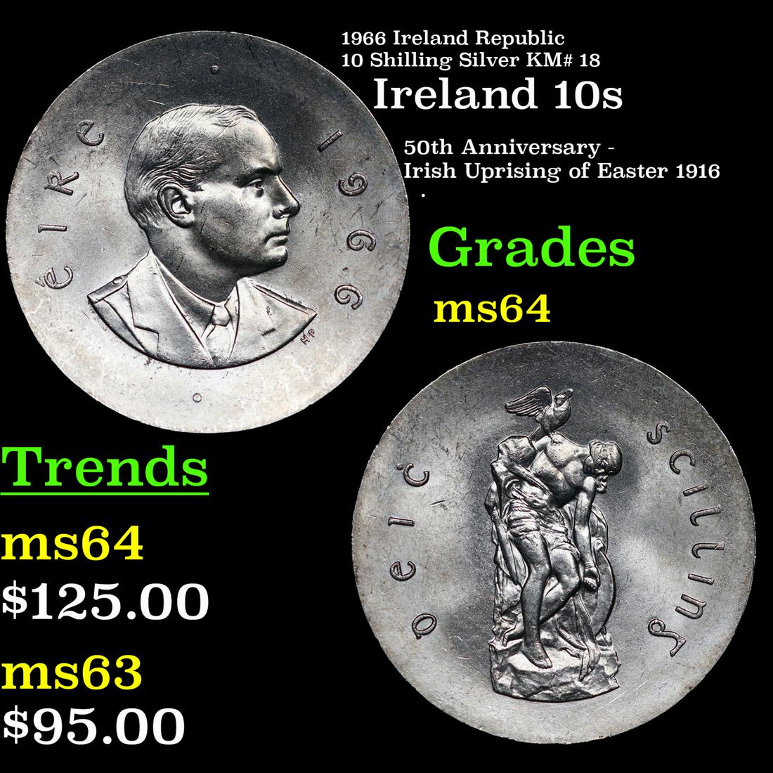 1966 Ireland Republic 10 Shilling Silver KM# 18 Grades Choice Unc - Apr ...