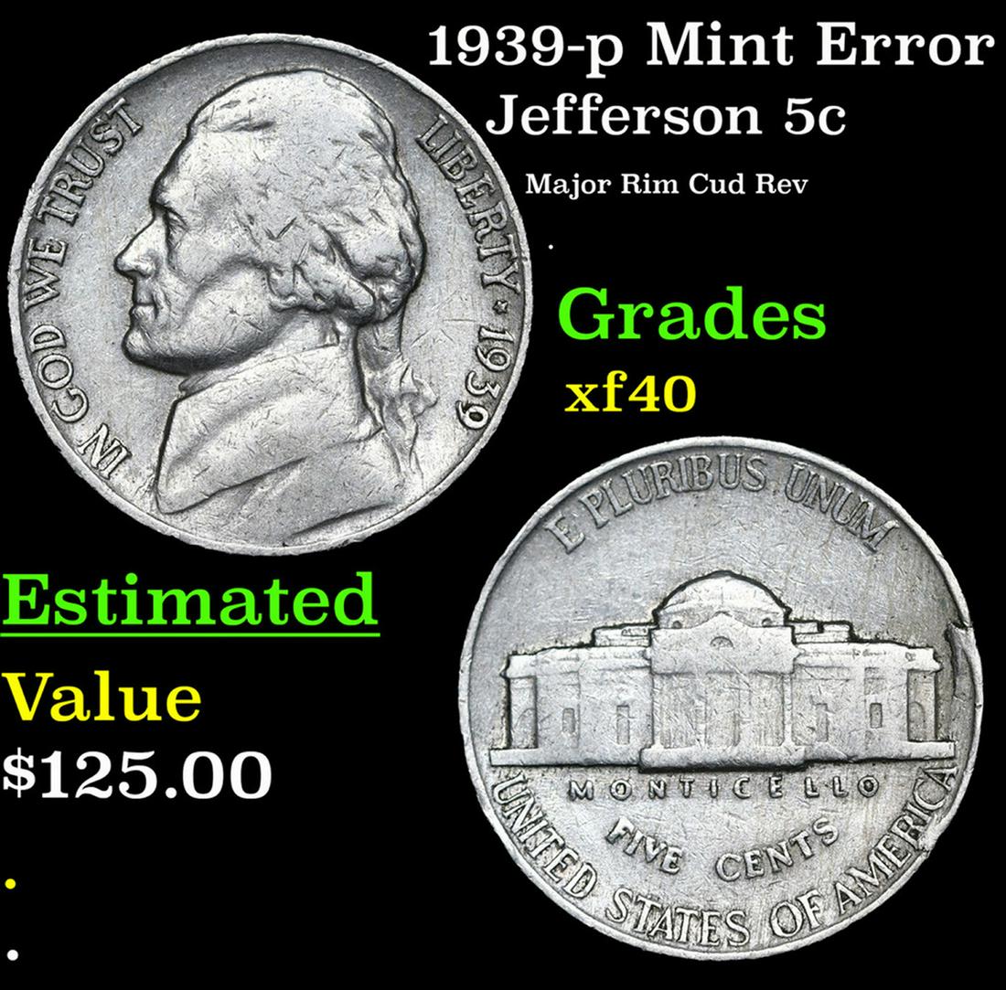 1939 P Jefferson Nickel Mint Error 5c Grades Xf