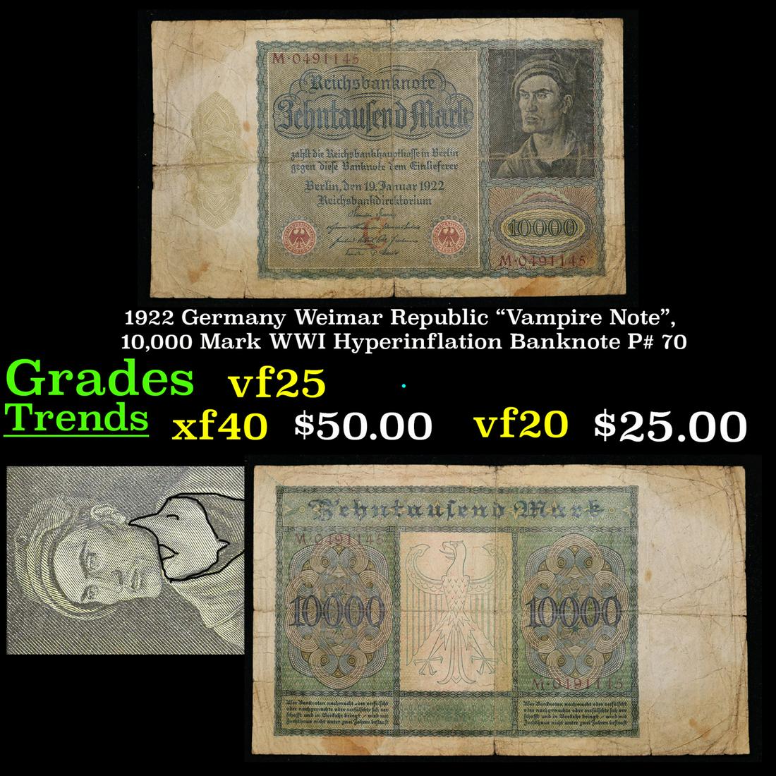 1922 Germany Weimar Republic "vampire Note", 10,000 Mark Wwi ...