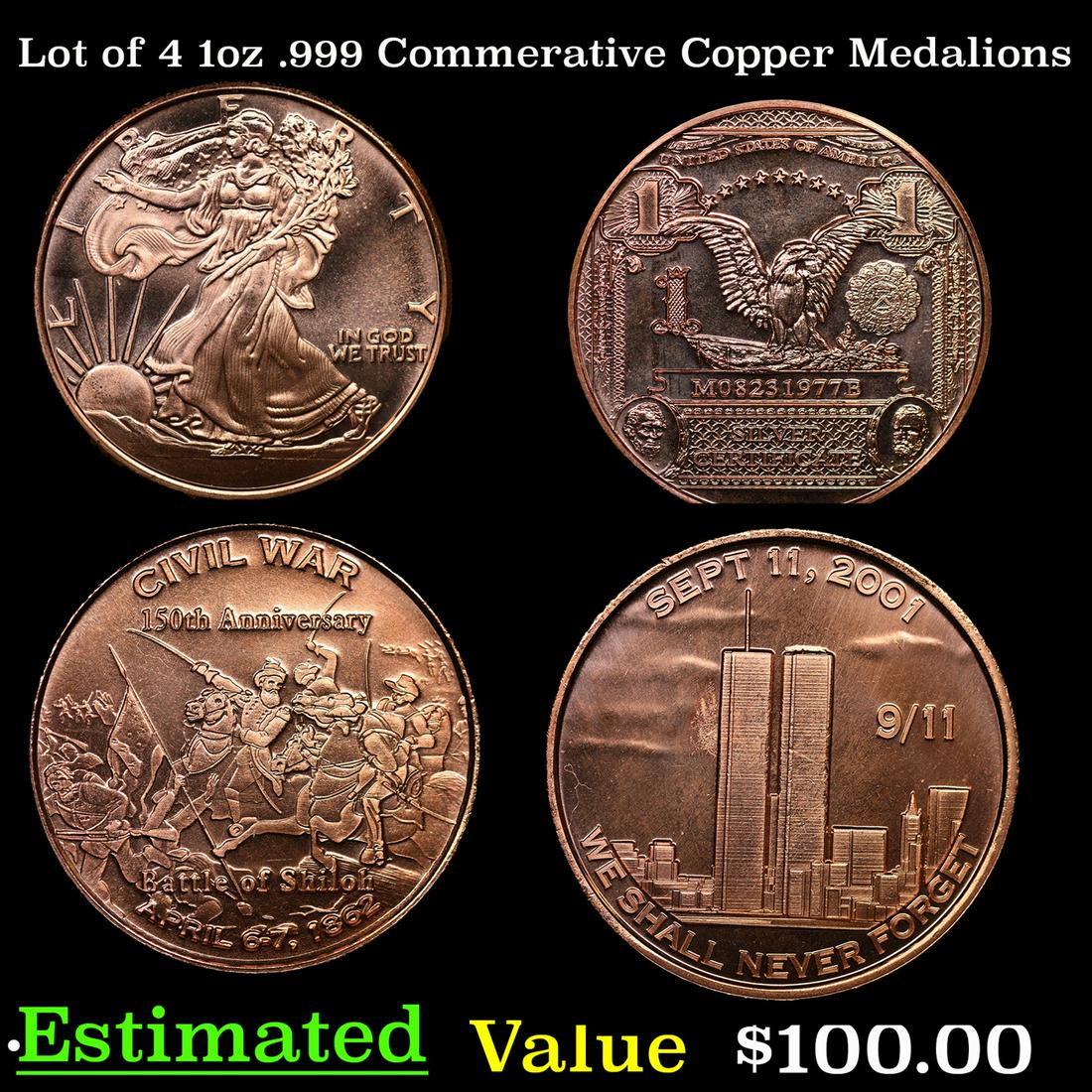 Lot Of 4 1oz .999 Commerative Copper Medalions