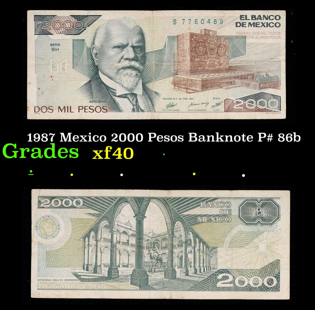 1987 Mexico 2000 Pesos Banknote P# 86b Grades Xf