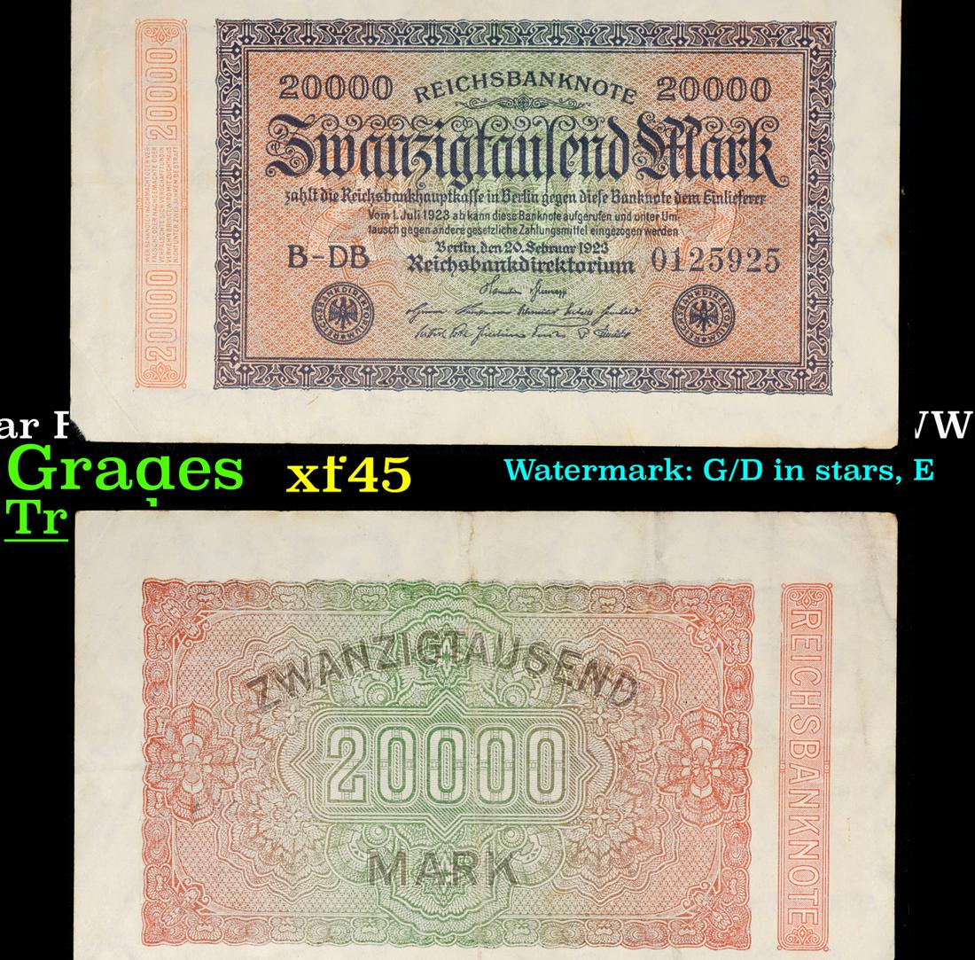 1923 Germany (weimar Republic) 20,000 Marks Banknote Post Wwi ...