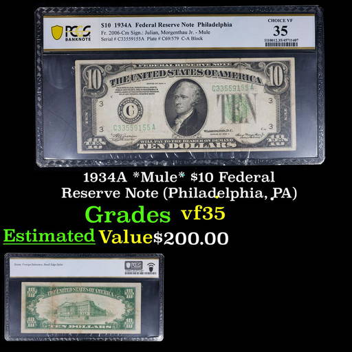 1934a *mule* $10 Federal Reserve Note (philadelphia, Pa) Graded Vf35 By Pmg
