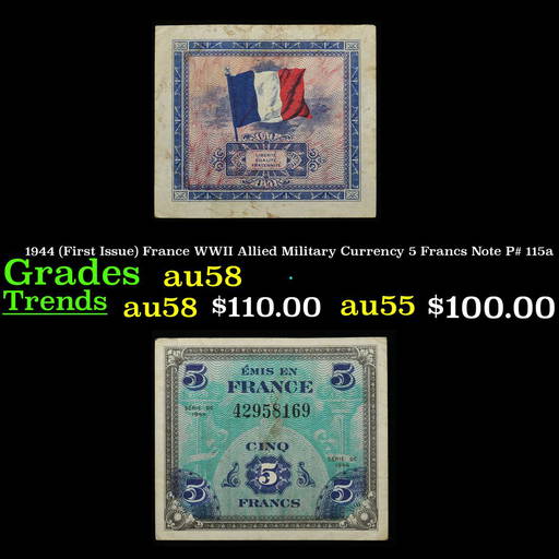 1944 (first Issue) France Wwii Allied Military Currency 5 Francs Note P ...