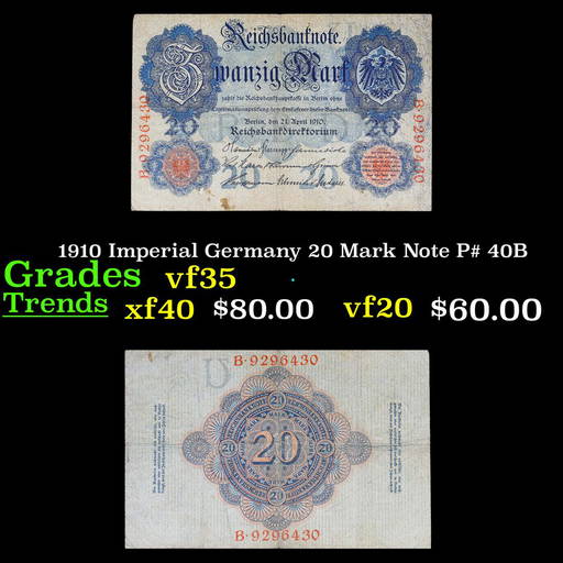 1910 Imperial Germany 20 Mark Note P# 40b Grades Vf++
