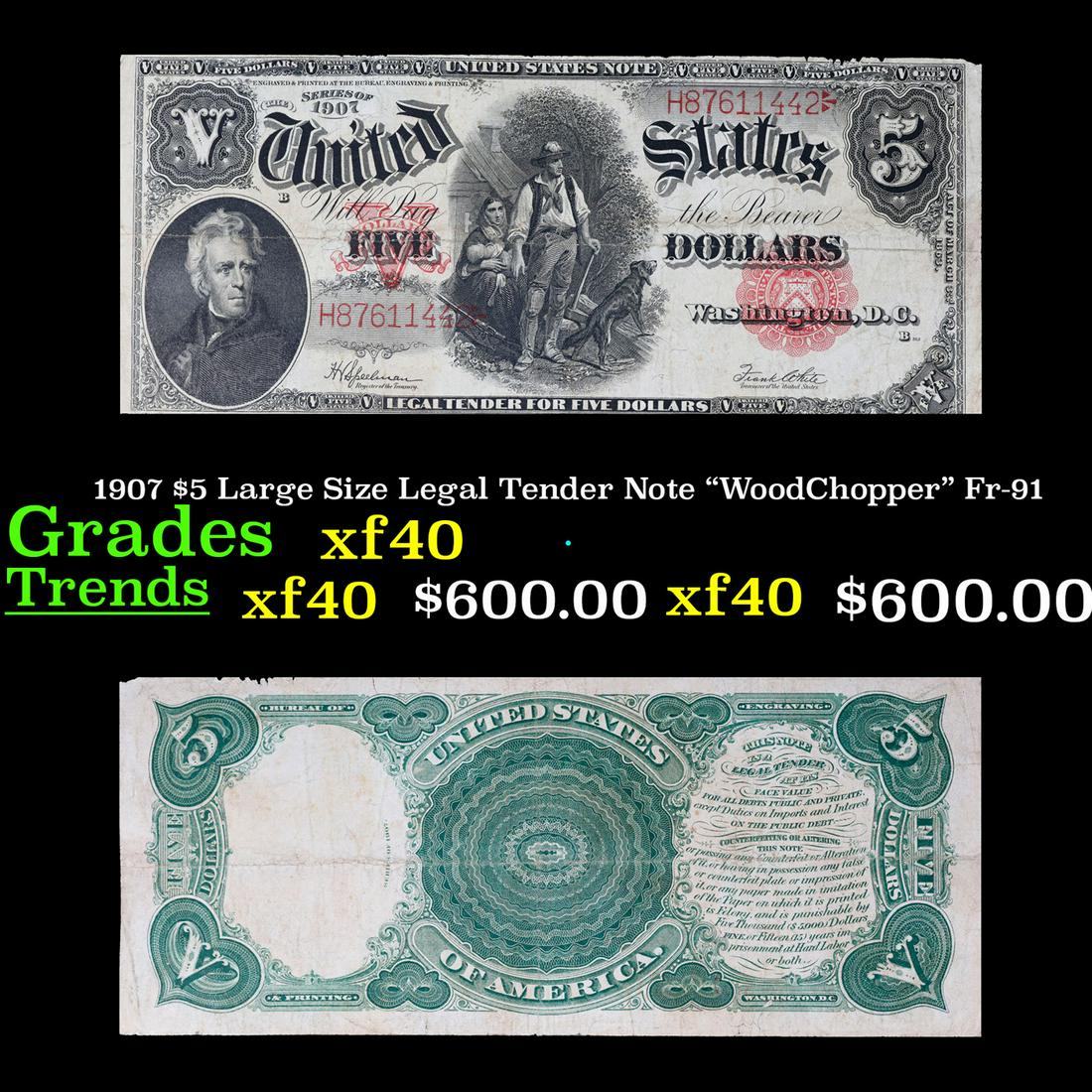 1907 $5 Large Size Legal Tender Note "woodchopper" Fr 91 Grades Xf