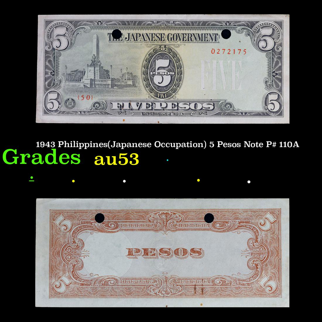 1943 Philippines(japanese Occupation) 5 Pesos Note P# 110a Grades ...