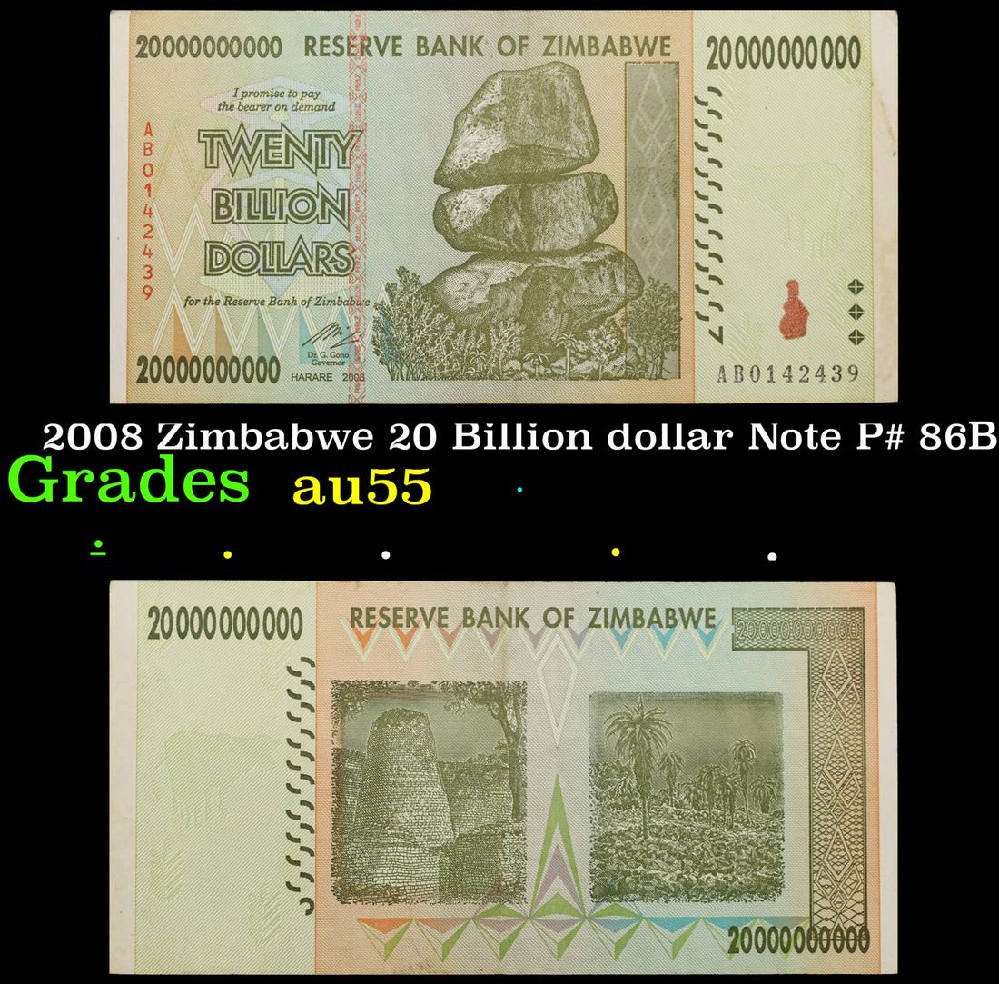 2008 Zimbabwe 20 Billion Dollar Note P# 86b Grades Choice Au
