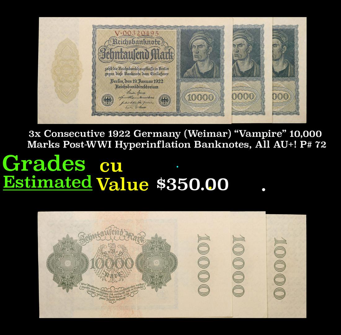 3x Consecutive 1922 Germany (weimar) "vampire" 10,000 Marks Post-wwi ...