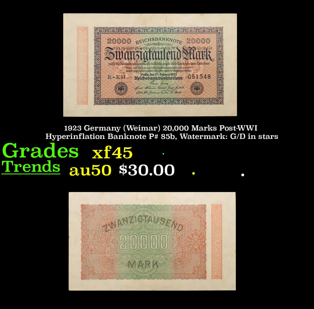 1923 Germany (weimar) 20,000 Marks Post-wwi Hyperinflation Banknote P ...
