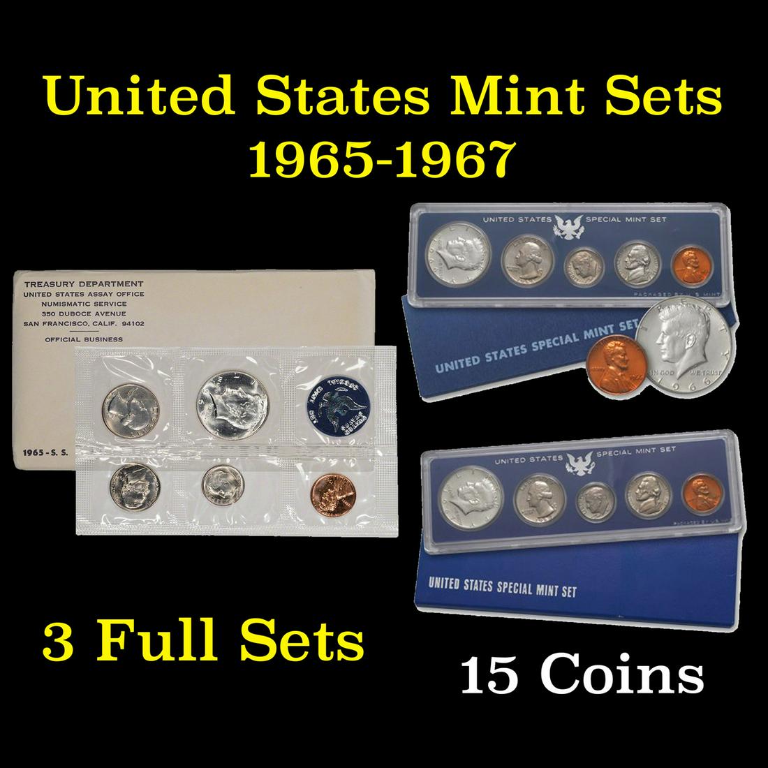 (3) Sms Sets 1965 1967 Run Of Special Mint Sets Sms 40% Half Dollar