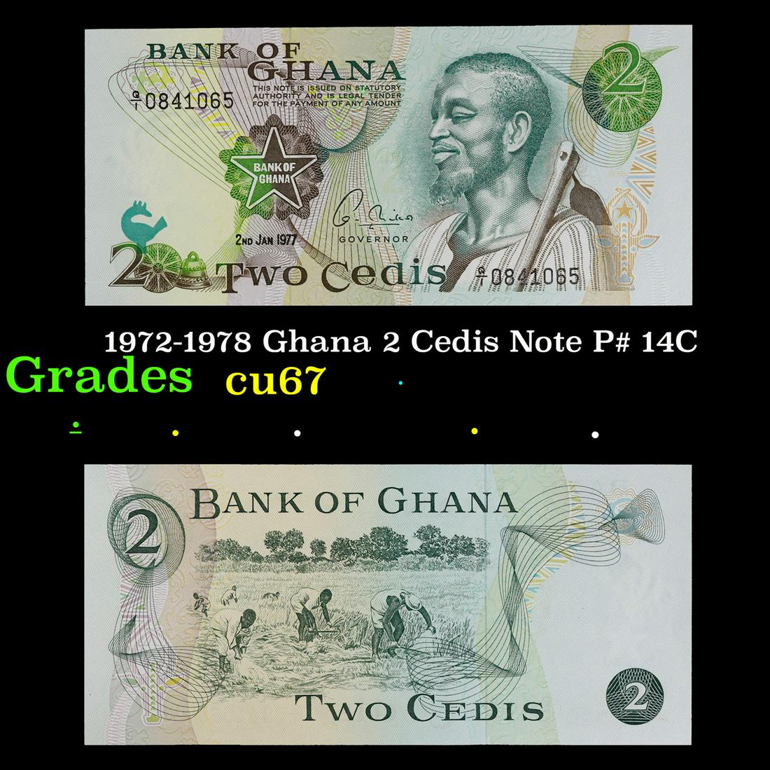 1972-1978 Ghana 2 Cedis Note P# 14c Grades Gem++ Cu Auction