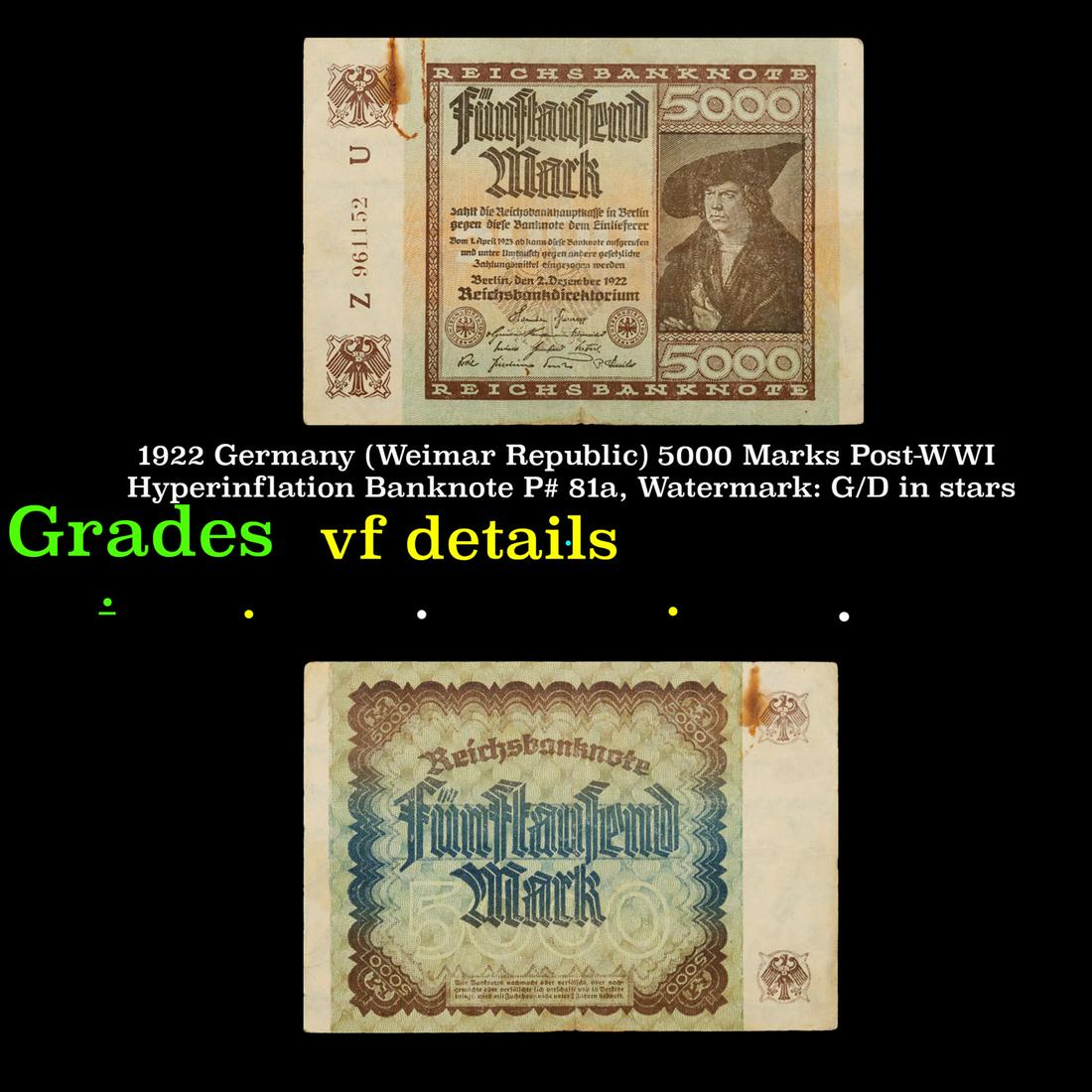1922 Germany (weimar Republic) 5000 Marks Post Wwi Hyperinflation ...