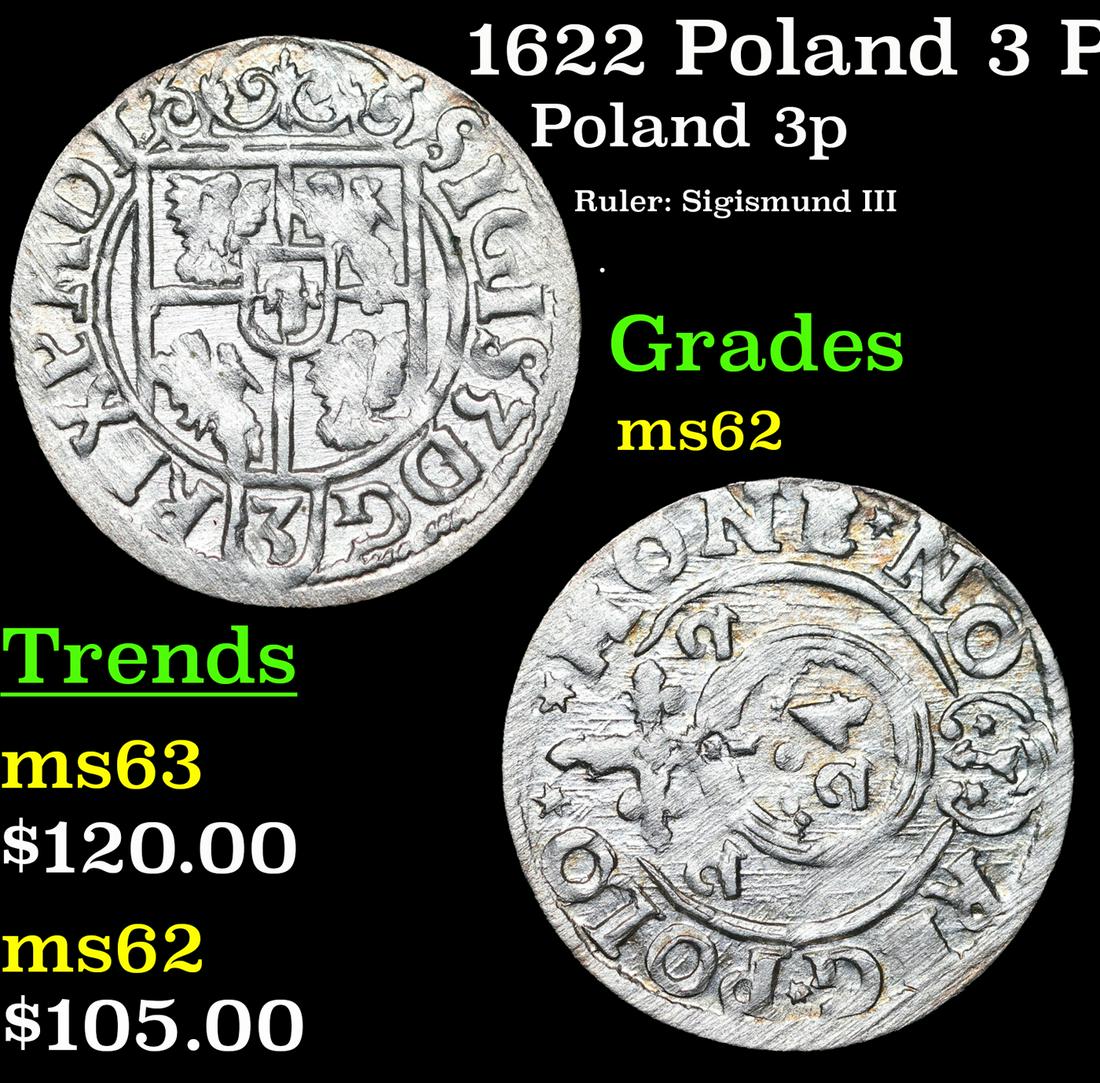 1622 Poland 3 Polker Silver Km# 41 Grades Select Unc