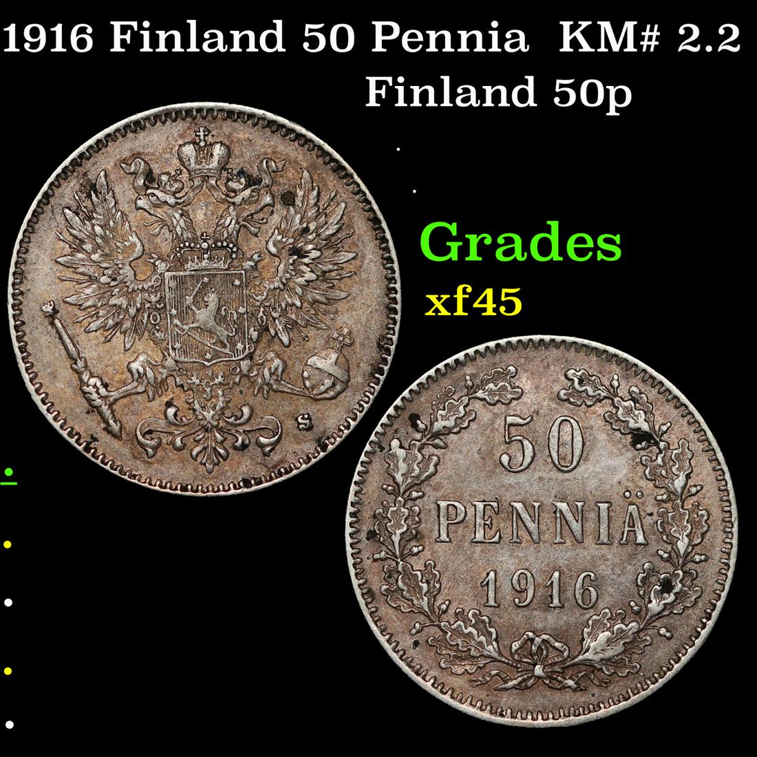 1916 Finland 50 Pennia Km# 2.2 Grades Xf+ Auction