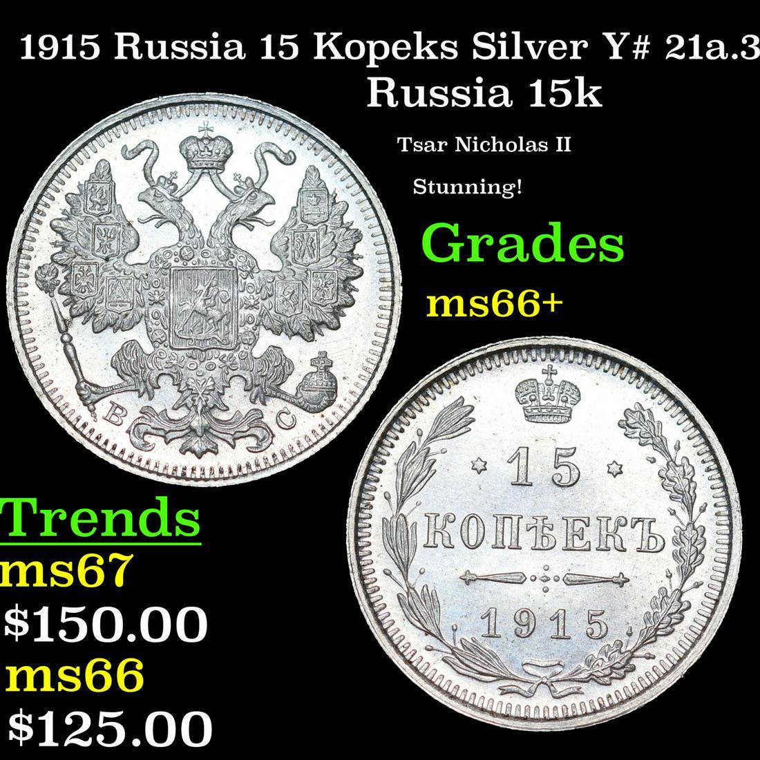 1915 Russia 15 Kopeks Silver Y# 21a.3 Grades Gem++ Unc Auction