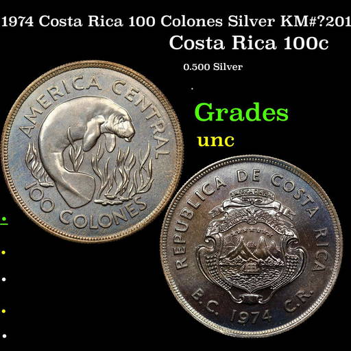 1974 Costa Rica 100 Colones Silver Km#â€¯201 Grades Brilliant Uncirculated