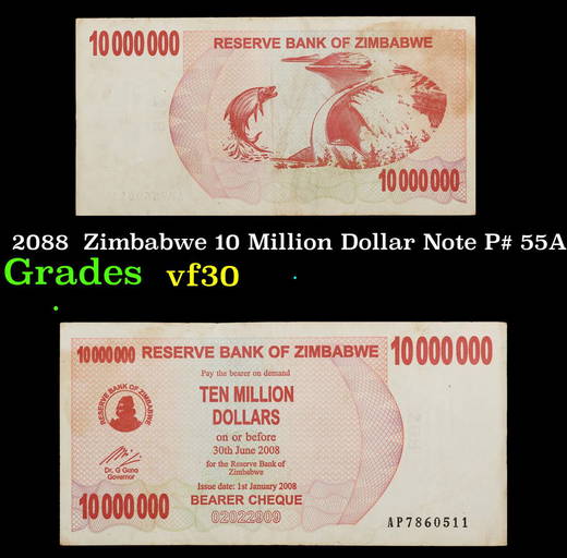 2088 Zimbabwe 10 Million Dollar Note P# 55a Grades Vf++