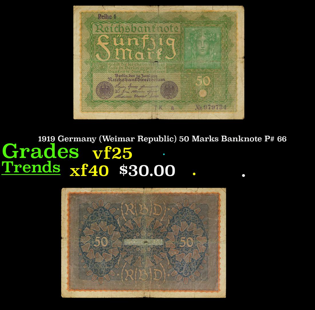 1919 Germany (weimar Republic) 50 Marks Banknote P# 66 Grades Vf+