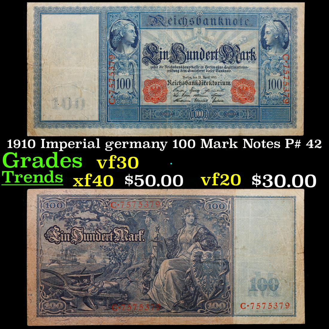 1910 Imperial Germany 100 Mark Notes P# 42 Grades Vf++