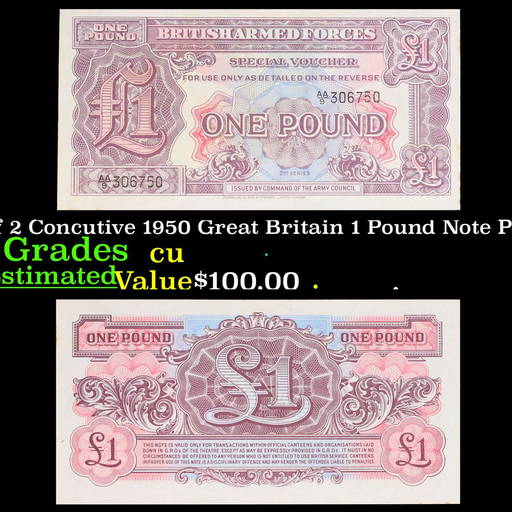Set Of 2 Concutive 1950 Great Britain 1 Pound Note P# M22a Grades Cu