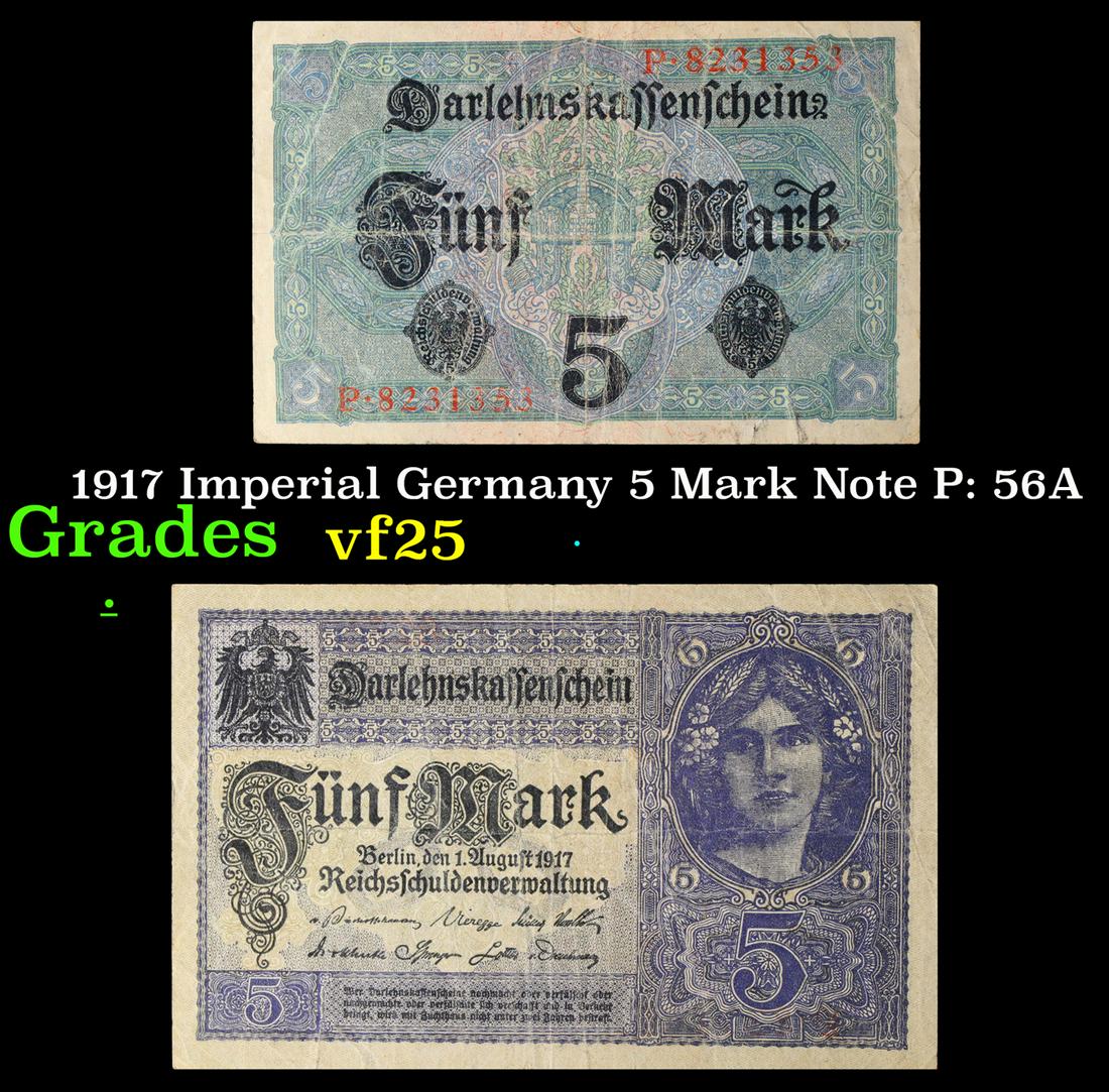 1917 Imperial Germany 5 Mark Note P: 56a Grades Vf+