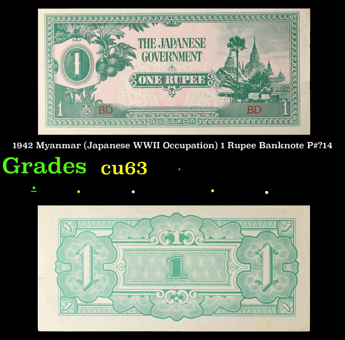 1942 Myanmar (japanese Wwii Occupation) 1 Rupee Banknote P#â€¯14 Grades ...