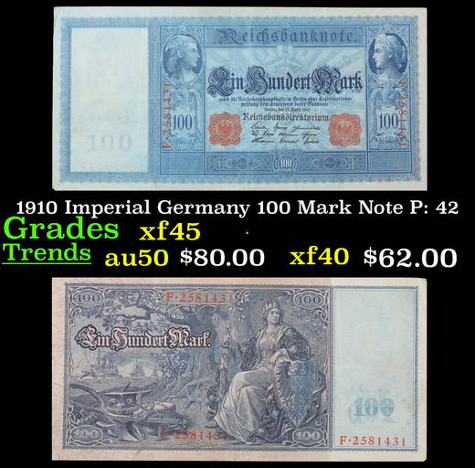 1910 Imperial Germany 100 Mark Note P: 42 Grades Xf+