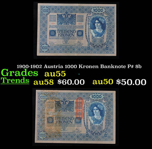 1900 1902 Austria 1000 Kronen Banknote P# 8b Grades Choice Au