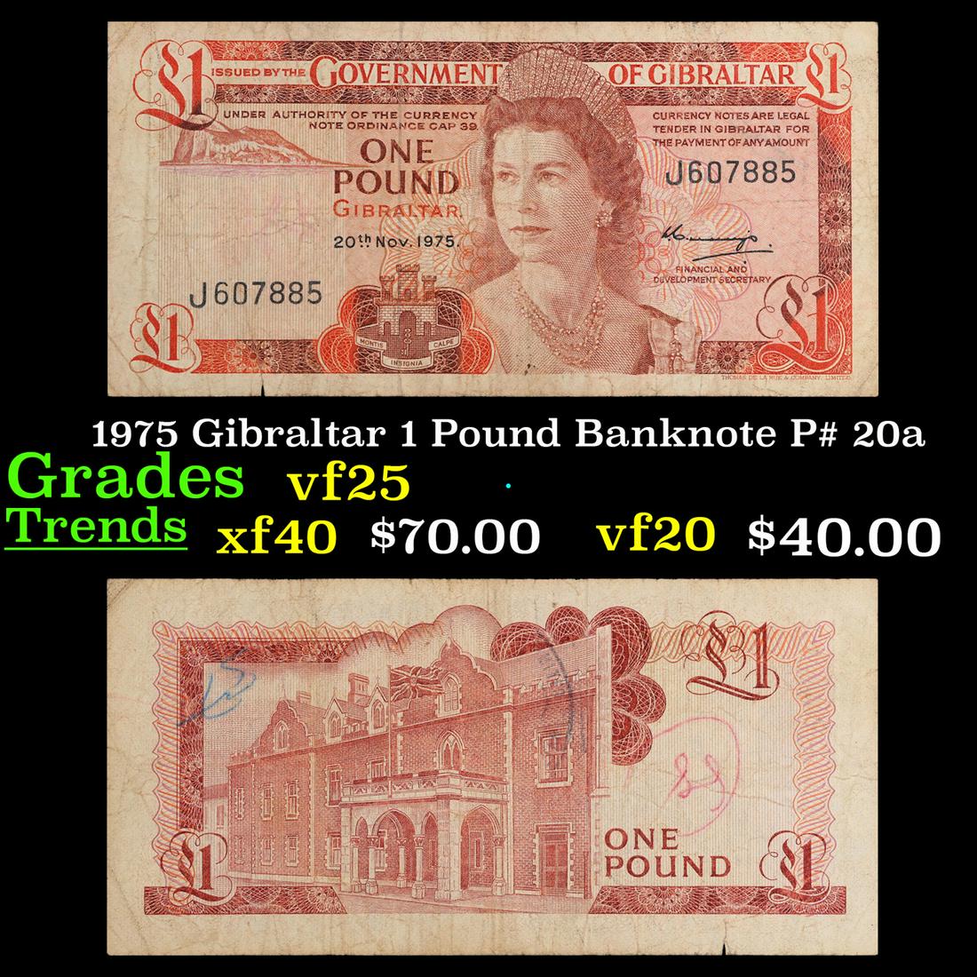 1975 Gibraltar 1 Pound Banknote P# 20a Grades Vf+