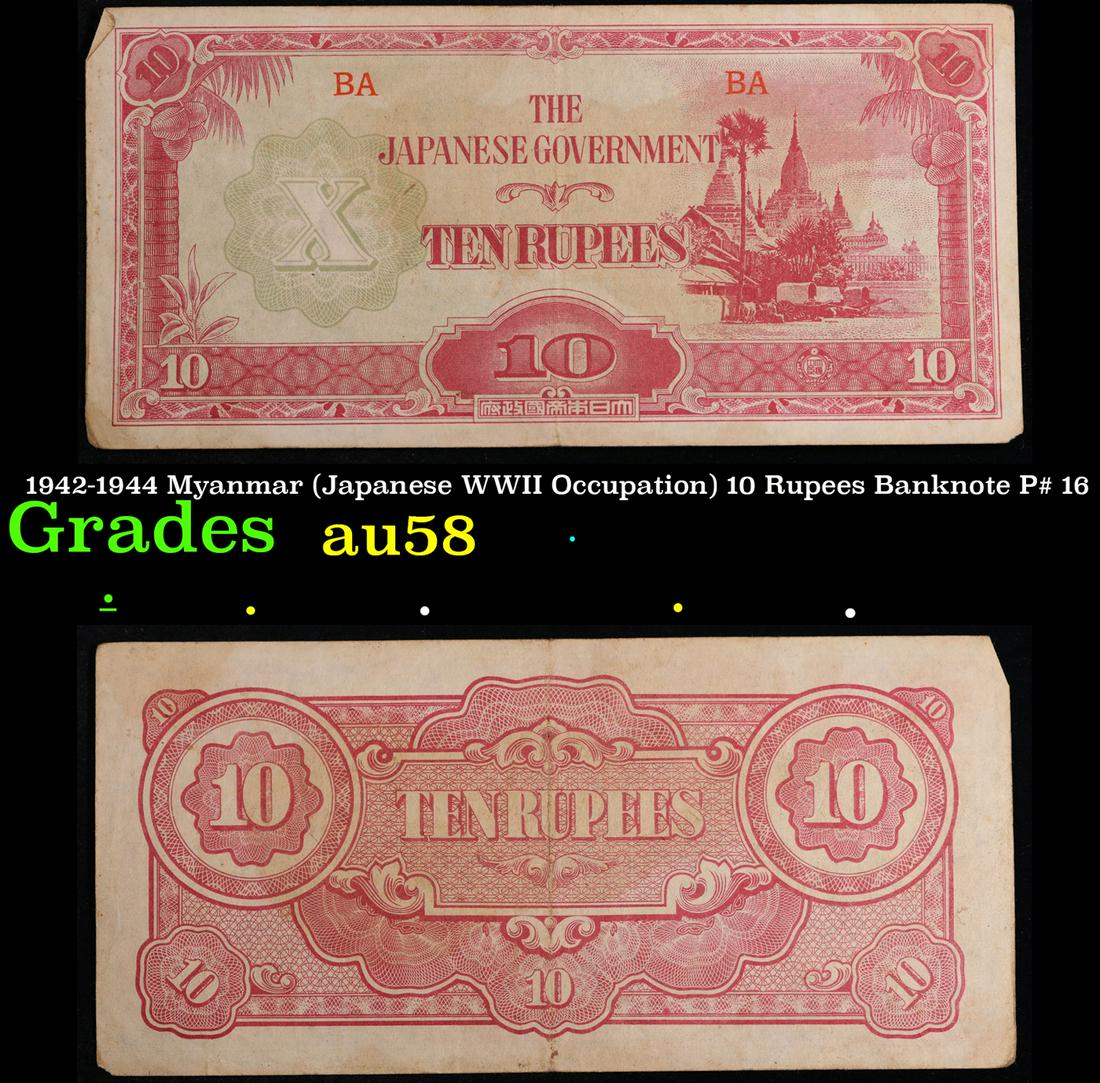 1942-1944 Myanmar (japanese Wwii Occupation) 10 Rupees Banknote P# 16 ...