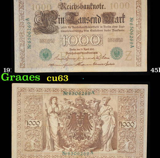 1910 Imperial Gremany 1000 Mark Note P# 45b Grades Select Cu