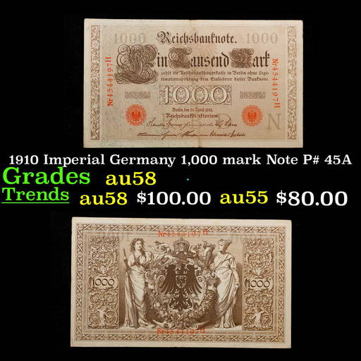 1910 Imperial Germany 1,000 Mark Note P# 45a Grades Choice Au/bu Slider