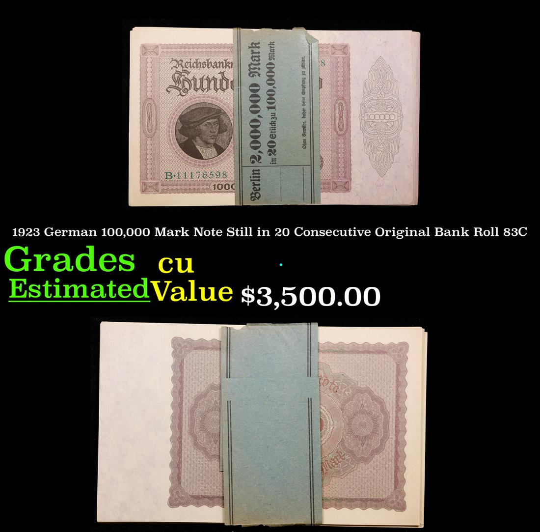 1923 German 100,000 Mark Note Still In 20 Consecutive Original Bank ...