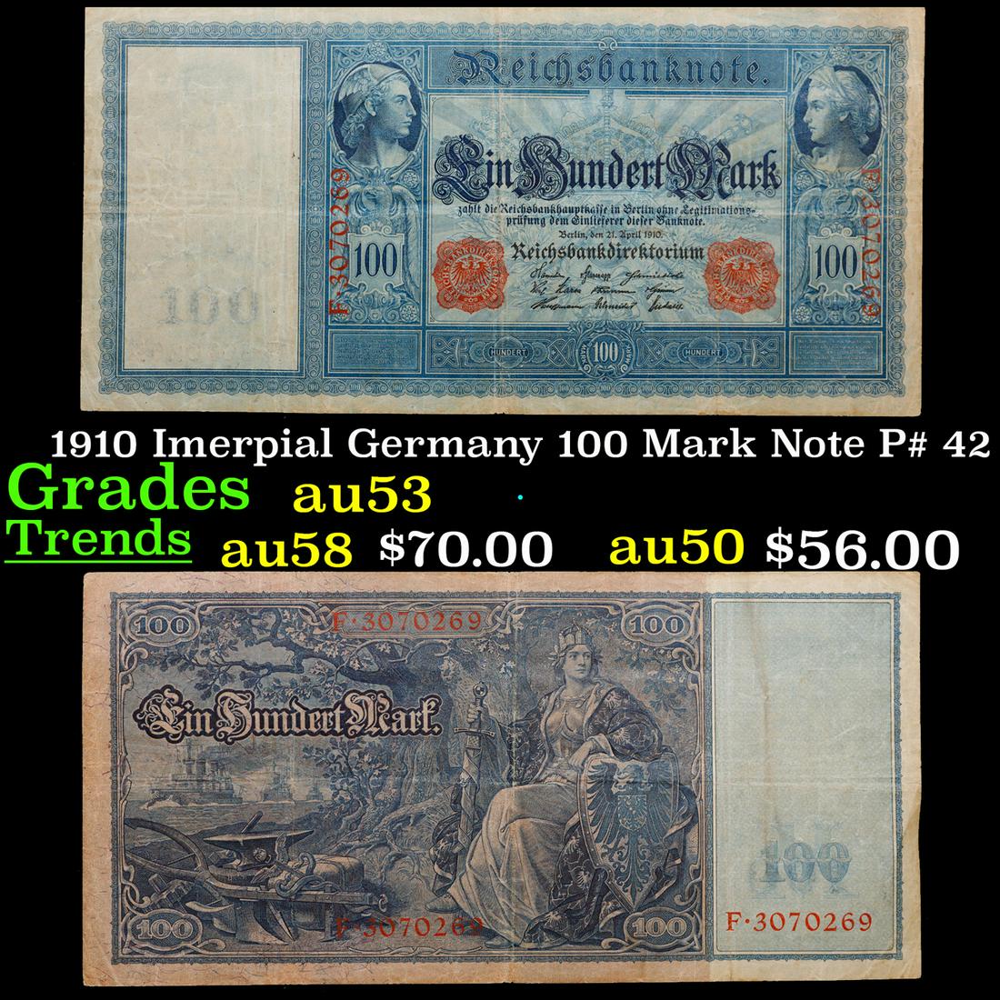 1910 Imerpial Germany 100 Mark Note P# 42 Grades Select Au