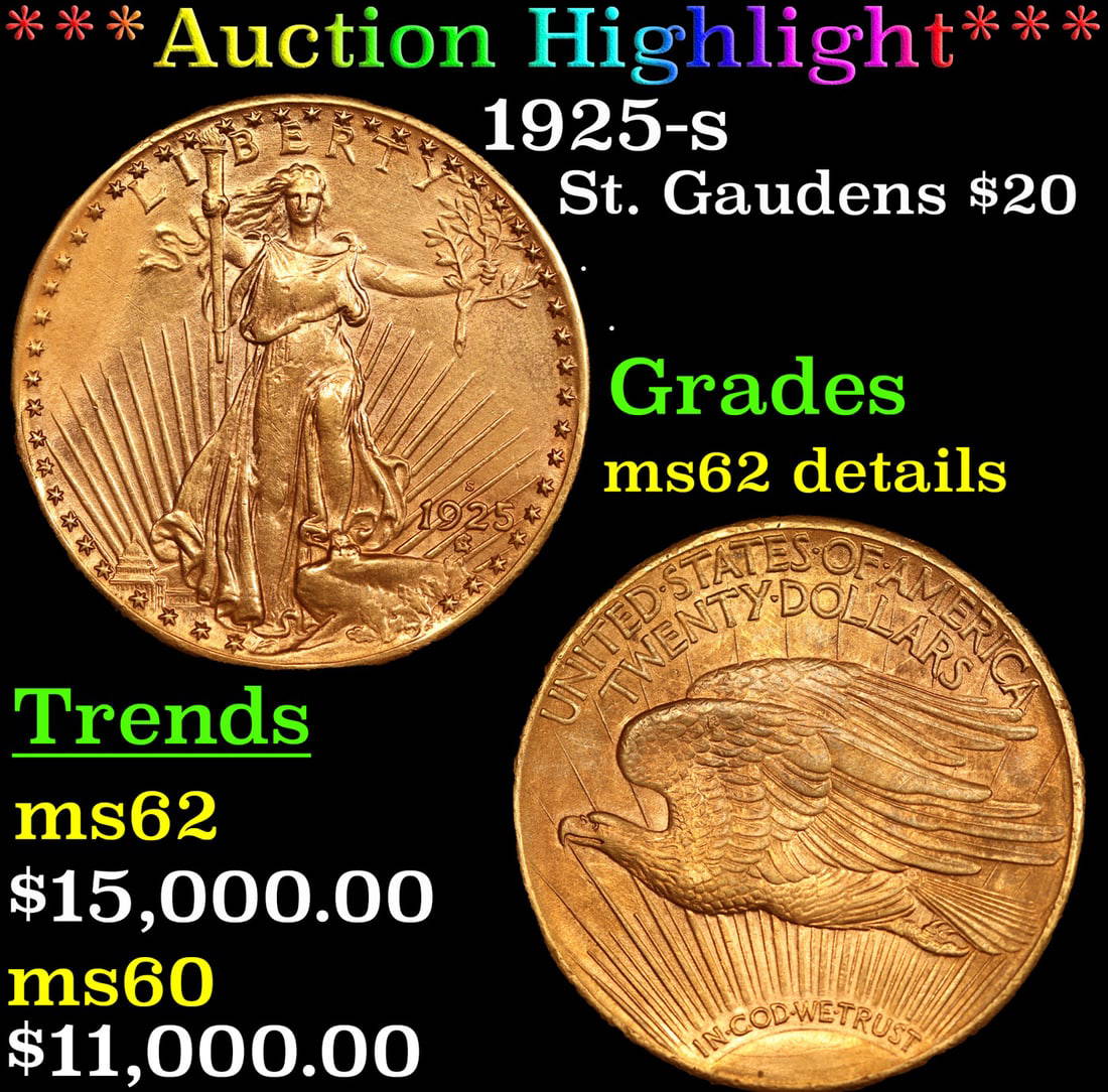 ***auction Highlight*** 1925-s Gold St. Gaudens Double Eagle $20 Graded Ms62 Details By Segs (fc ...