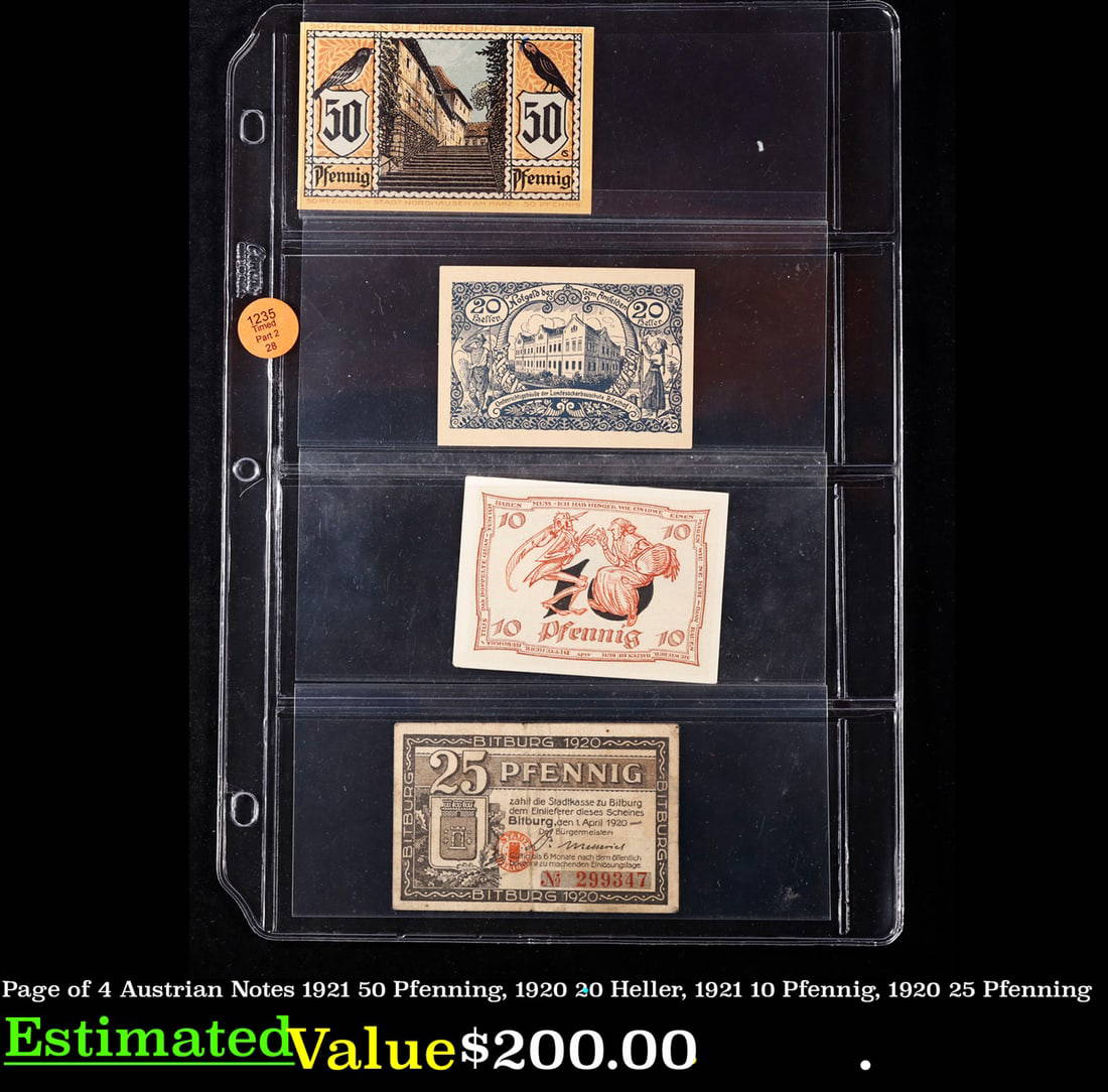 Page Of 4 Austrian Notes 1921 50 Pfenning, 1920 20 Heller, 1921 10 ...