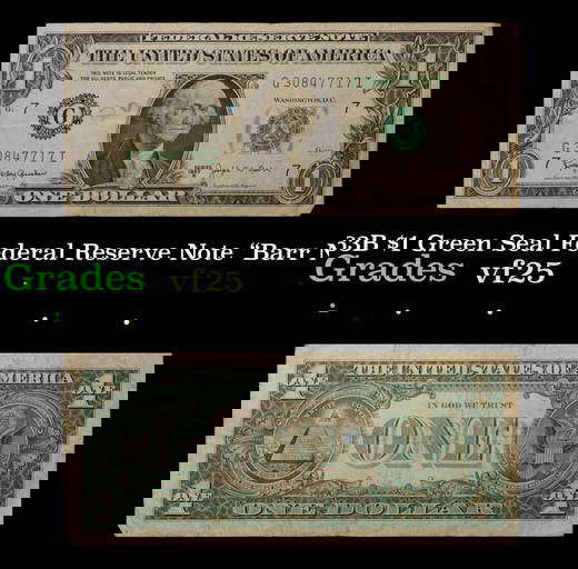 1963b "barr Note" $1 Green Seal Federal Reserve Note Grades Vf+
