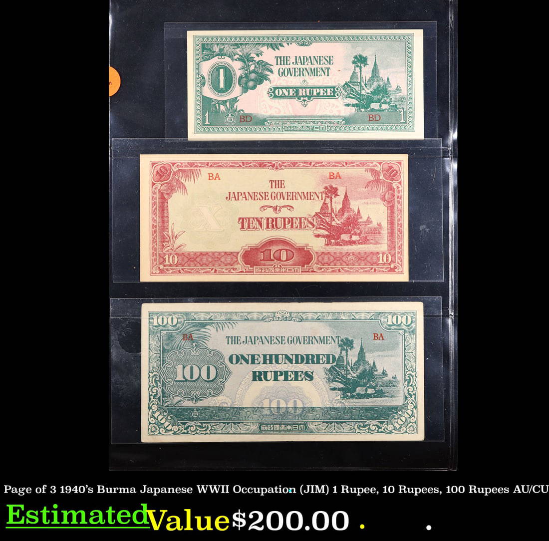 Page Of 3 1940's Burma Japanese Wwii Occupation (jim) 1 Rupee, 10 ...