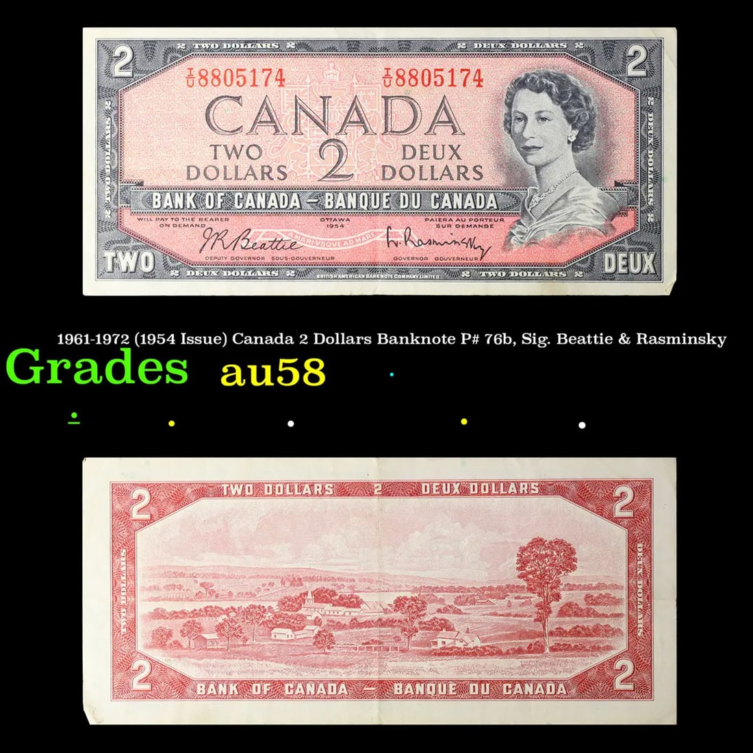 1961-1972 (1954 Issue) Canada 2 Dollars Banknote P# 76b, Sig. Beattie & Rasminsky Grades Choice ...