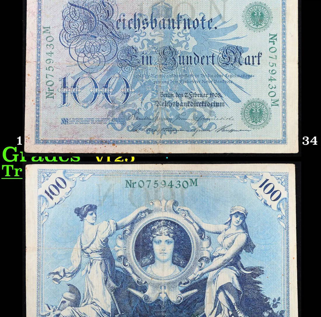 1908 Imperial Germany 100 Mark Note P: 34 Grades Vf+ Auction