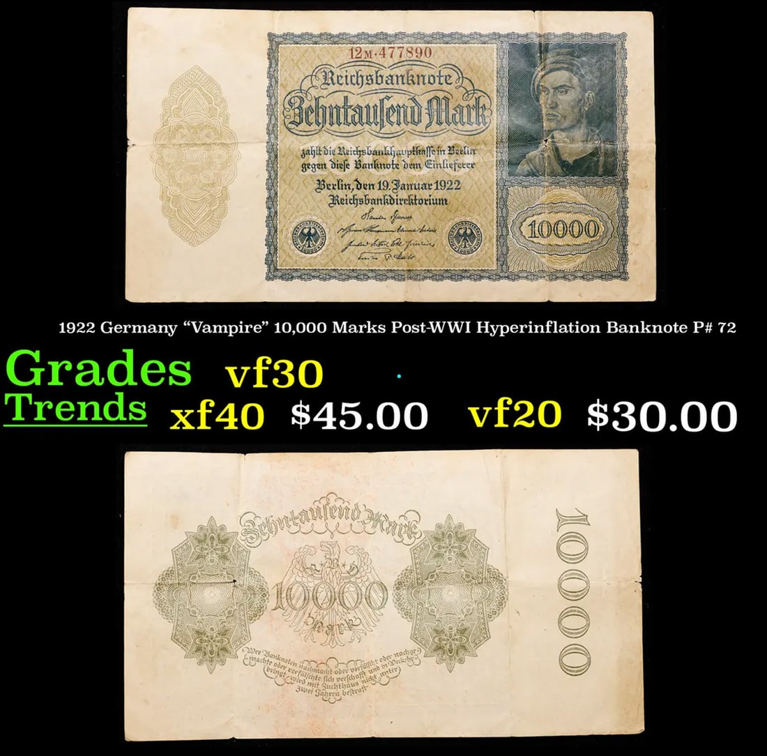 1922 Germany "vampire" 10,000 Marks Post-wwi Hyperinflation Banknote P ...