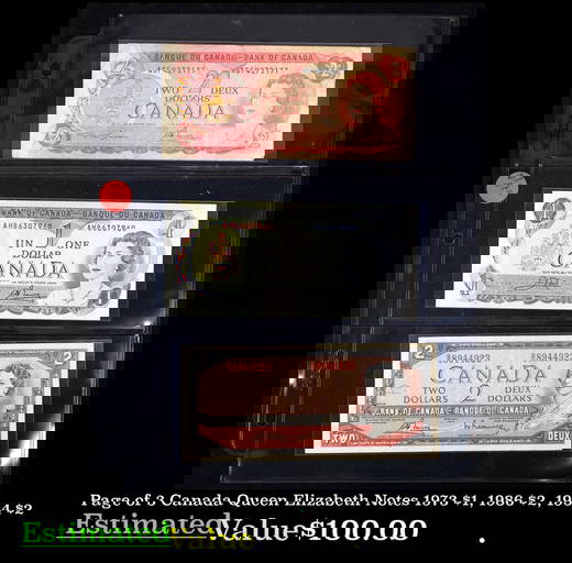Page Of 3 Canada Queen Elizabeth Notes 1973 $1, 1986 $2, 1954 $2